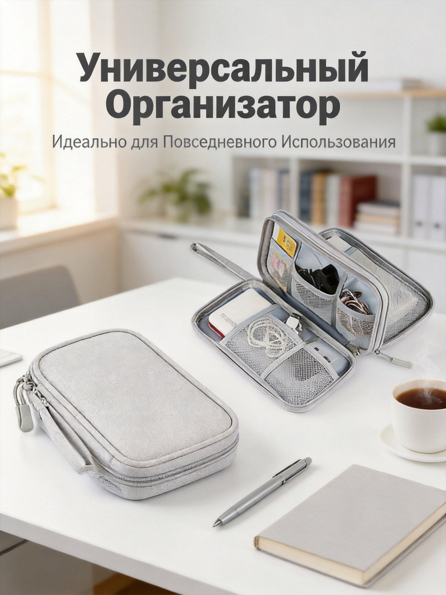 Органайзер для сумки и рюкзака для проводов и кабелей — 2 отделения на молнии, петля, водоотталкивающий полиэстер