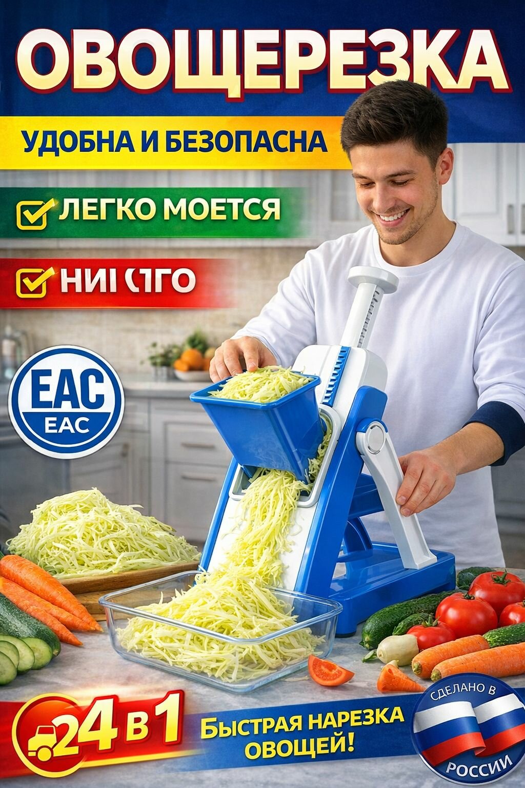 Овощерезка ручная 24в1, многофункциональный измельчитель для овощей с контейнером, мультислайсер