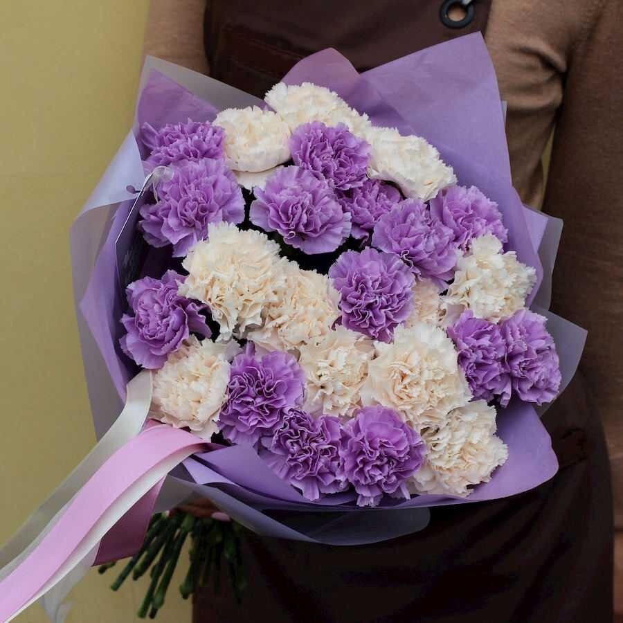 Букет из персиковых и фиолетовых диантусов 25 шт, красивый букет цветов, шикарный, премиум цветы, премиум букет