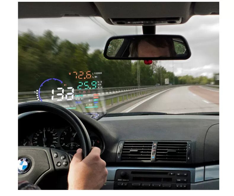 Черный OBD-совместимый HUD-дисплей для автомобильной панели приборов: скорость, обороты, температура, расход топлива