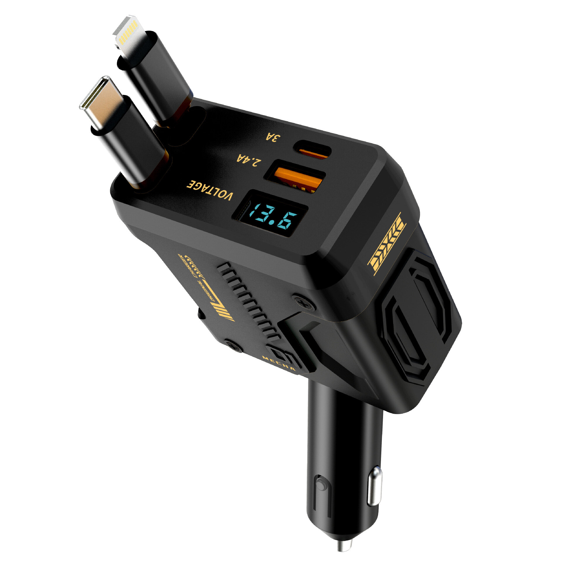 Автомобильный зарядник для телефона 120W с супербыстрым зарядом, модель с расширяющимся кабелем, с портами TYPE-C и Apple, черный, в упаковке без коро