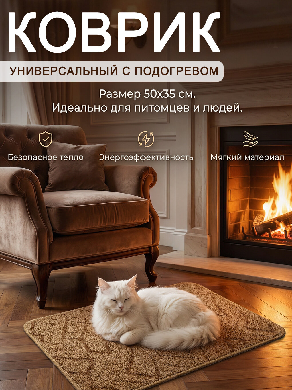 Коврик с подогревом для ног и животных (50х35) грелка универсальный, Тепломакс, 1 шт.
