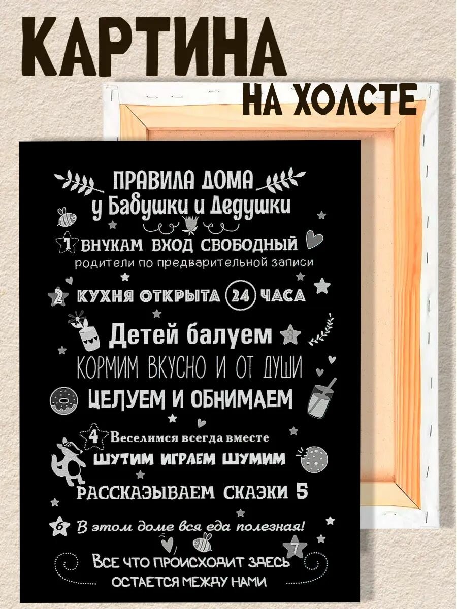 Картина на стену Правила бабушки и дедушки, на подрамнике, 1шт, 38х25 размер.