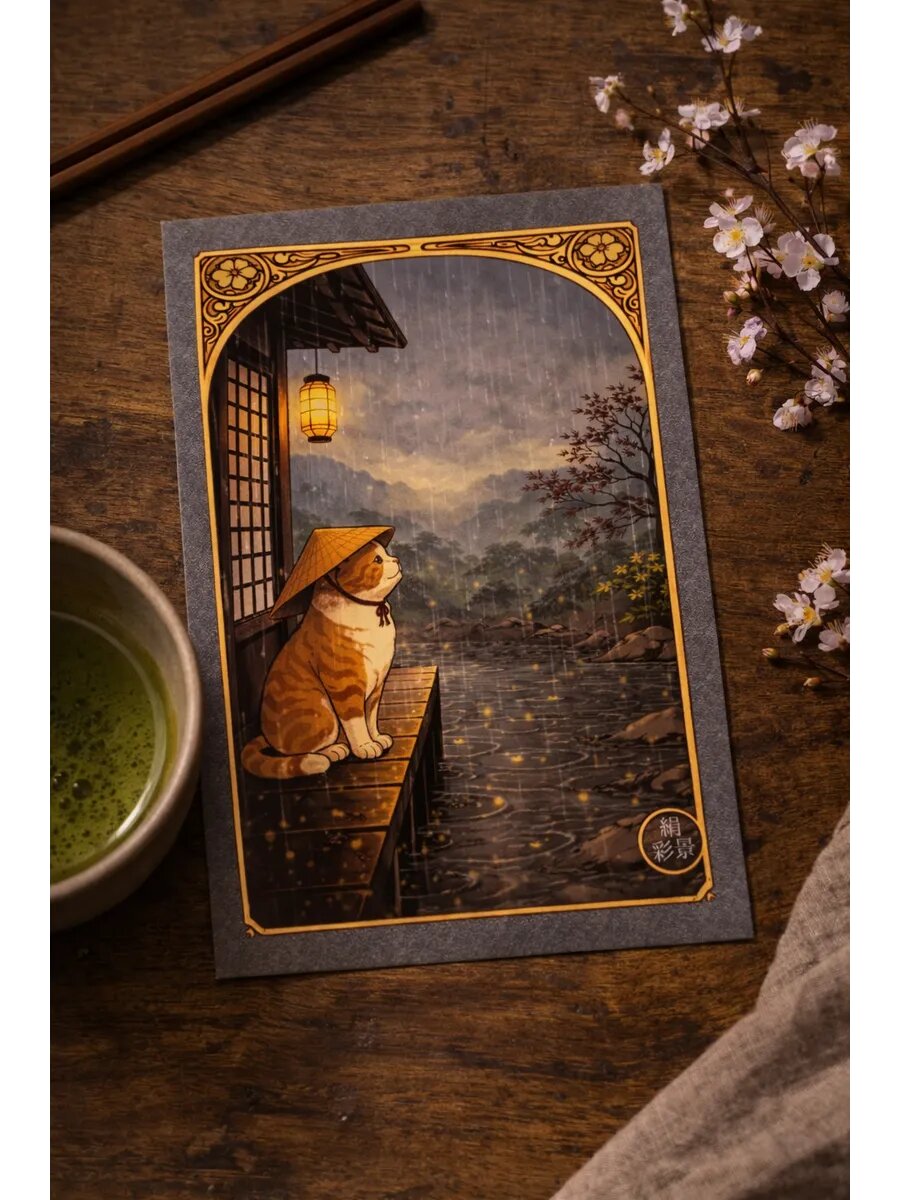 Открытка KinakeArt "Момо у дома под дождём", коллекционная, soft touch, 300г/м2