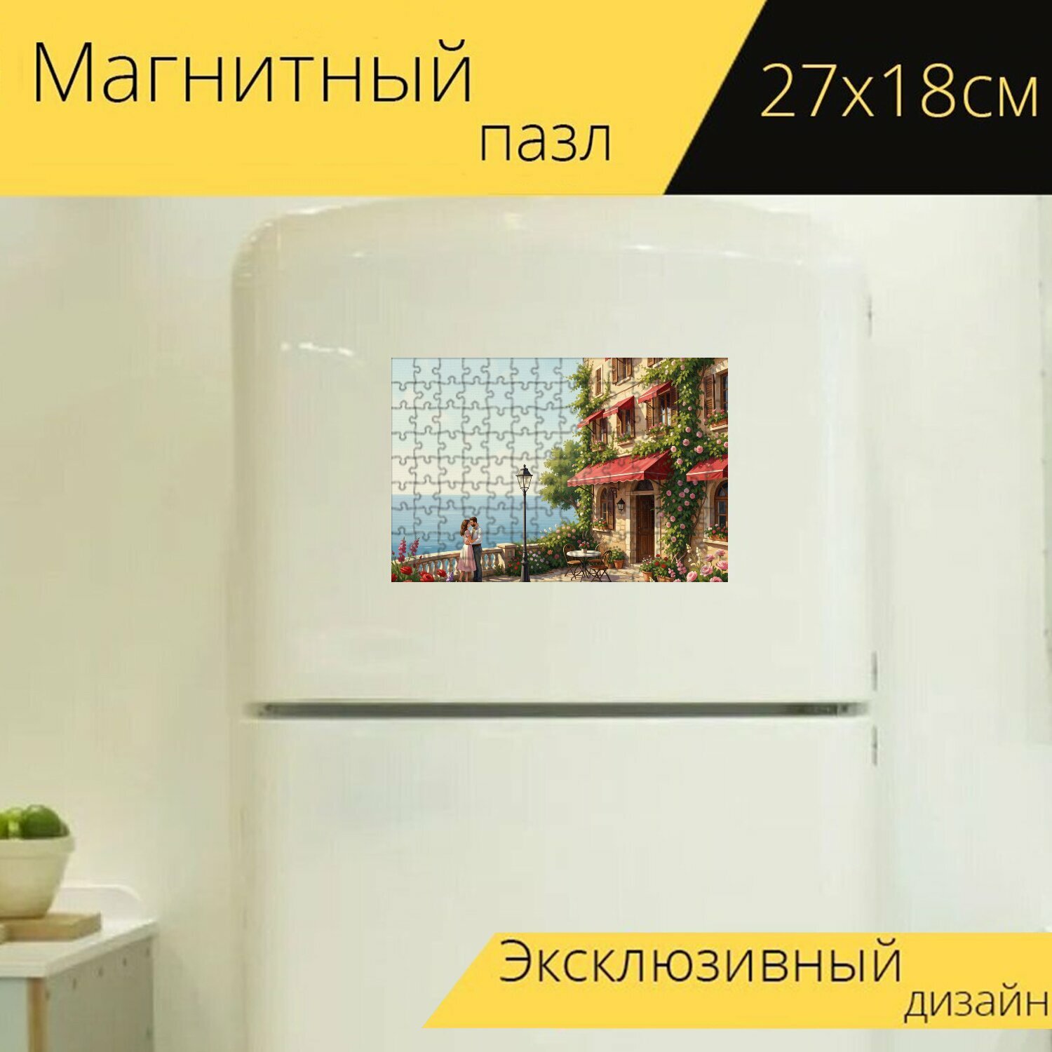 Магнитный пазл "Романтическая терраса у моря. Уютный средиземноморский дворик с цветущими розами и зеленью, дом с красными навесами, морской горизонт и." на холодильник 27 x 18 см.
