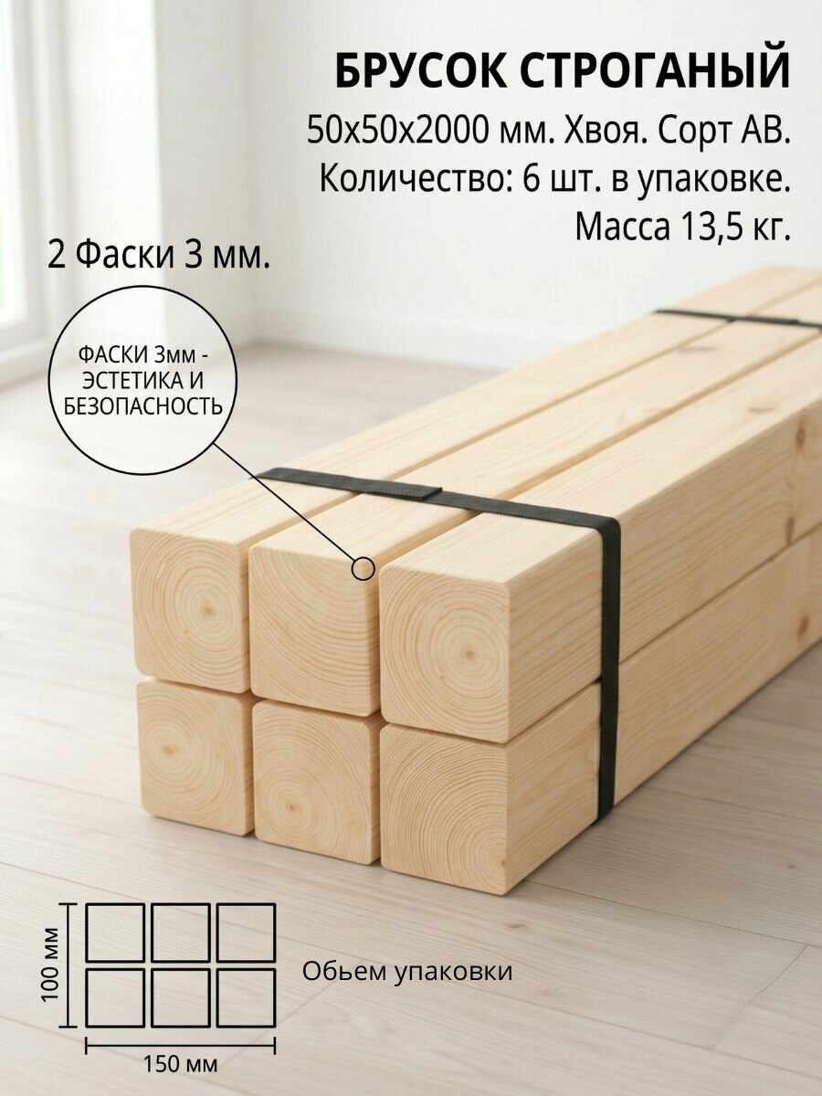 Брусок строганый 2 Фаски 3 мм сорт АВ, 50х50х2000, 6шт, хвойных пород