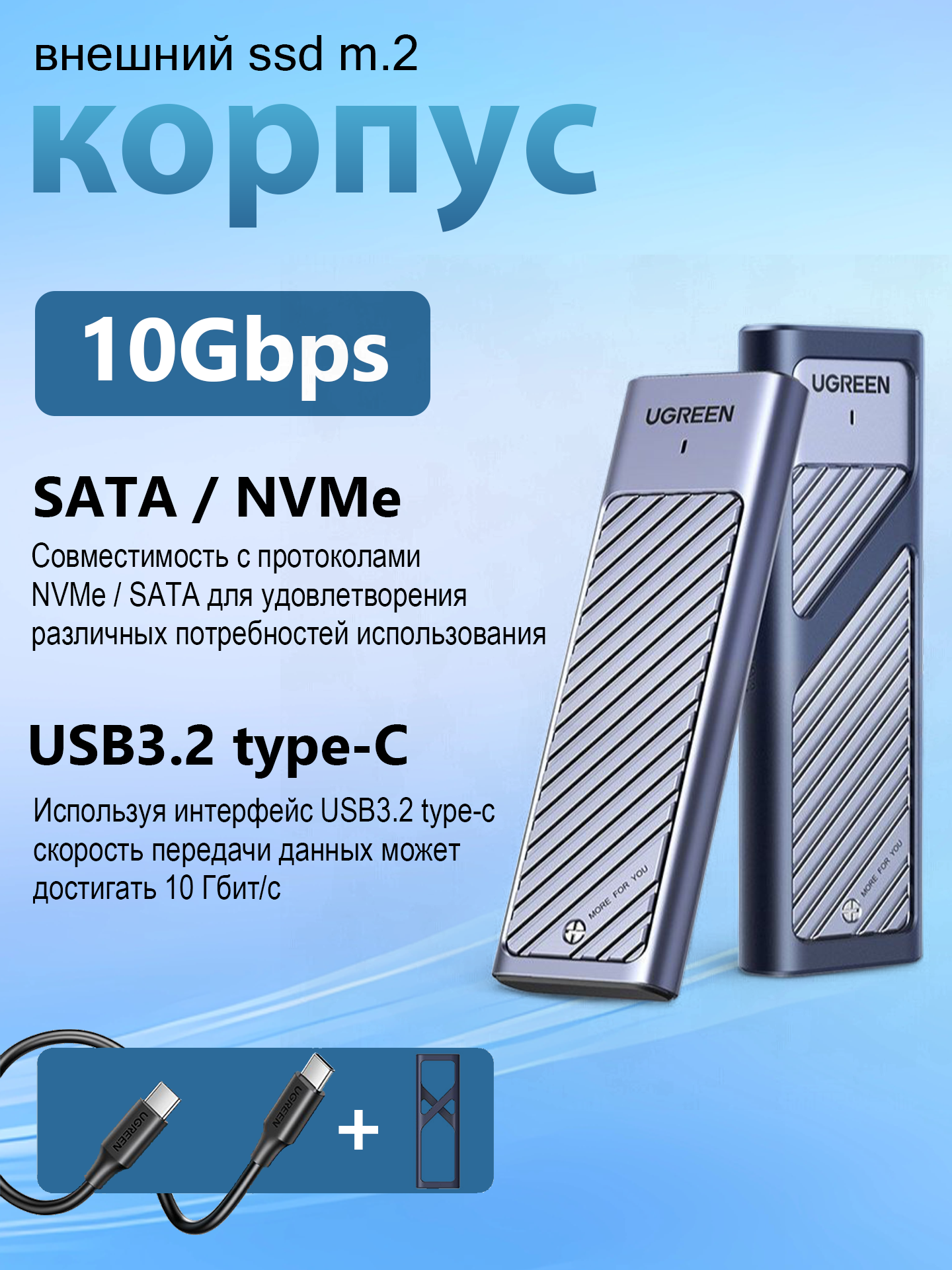 Внешний корпус для M.2 NVMe/SATA SSD CM559, Type-C 3.2 Gen 2 (10 Гбит/с), поддержка до 8 ТБ