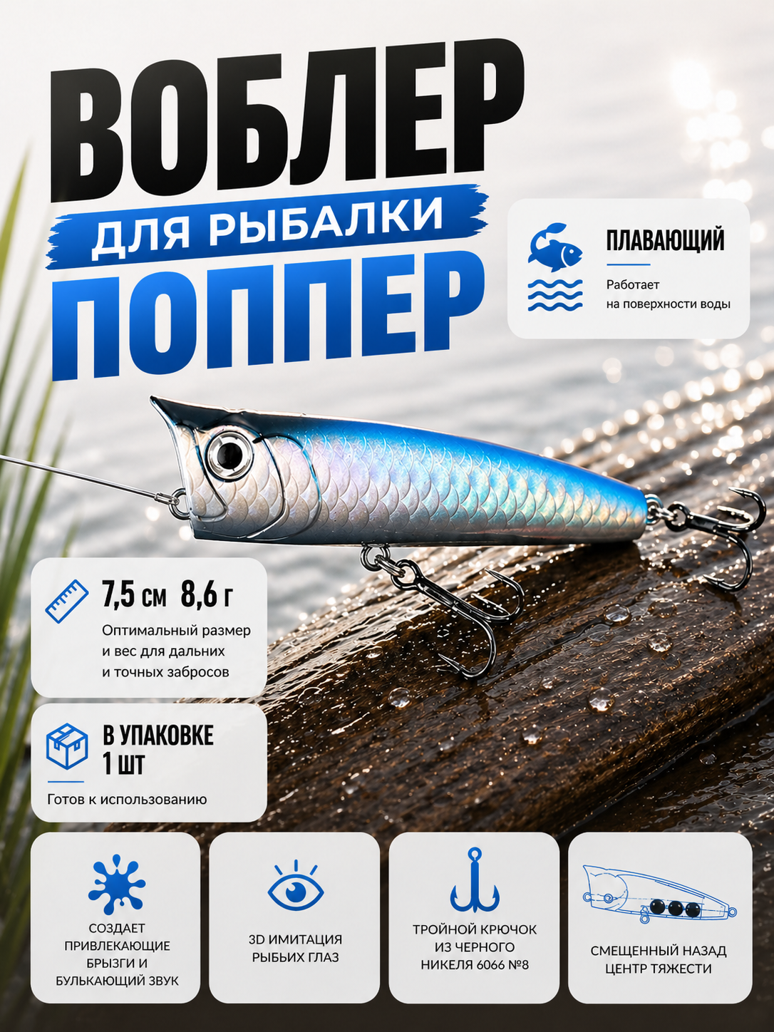 Воблер Jet Splashing Popper для рыбалки, с тройным крючком, имитация рыбной чешуи 7,5 см/8,6 г, серебристо-голубой