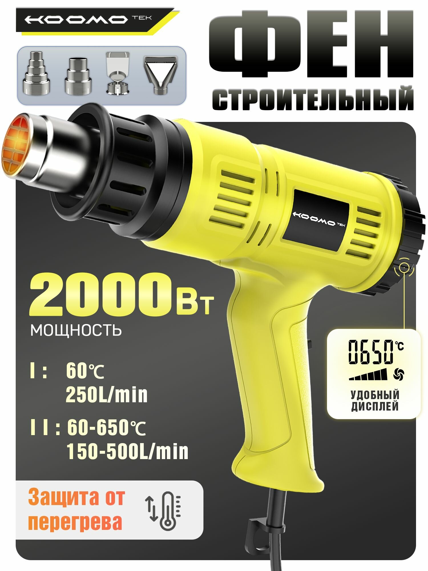 Фен строительный с регулировкой температуры с дисплеем HOOMO (220 В, 2000 Вт, 60-650 градусов, электронная регулировка, ЖК-дисплей+4 аксессуары )