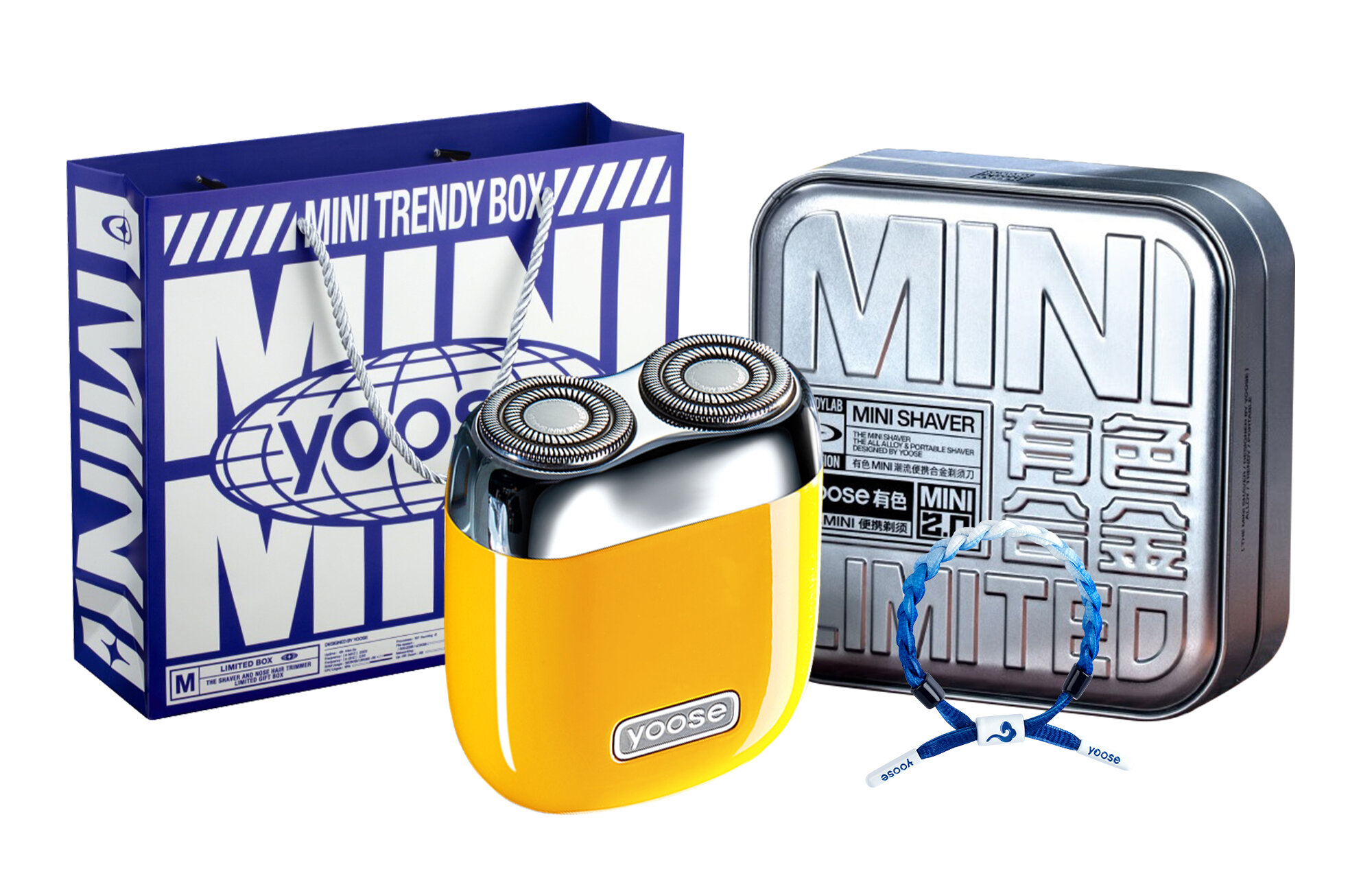 Электробритва роторная мужская YOOSE MINI 2.0, MINI 2.0 Upgraded Racing Yellow+Love Inlaid Rope Bracelet