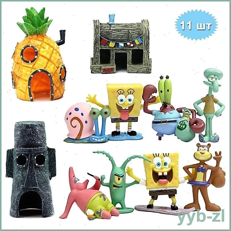 Декорация для аквариума Набор Фигурки SpongeBob 11 шт, домик Губка Боб, Грот Спанч Боба для рыбок