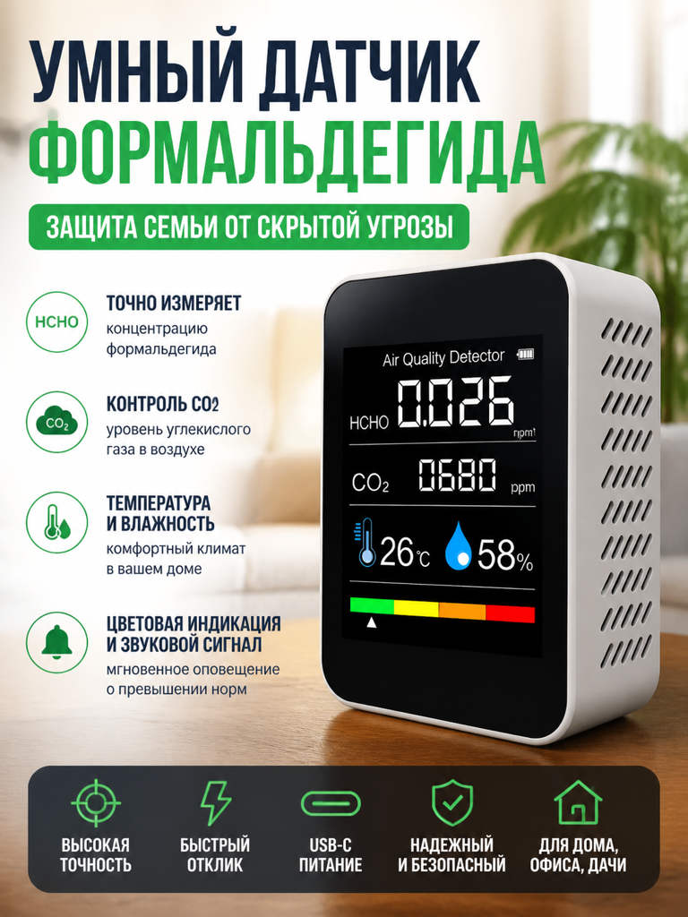 Датчик качества воздуха 5в1 детектор CO2 газоанализатор для дома измеритель уровня формальдегида HCHO и TVOC монитор
