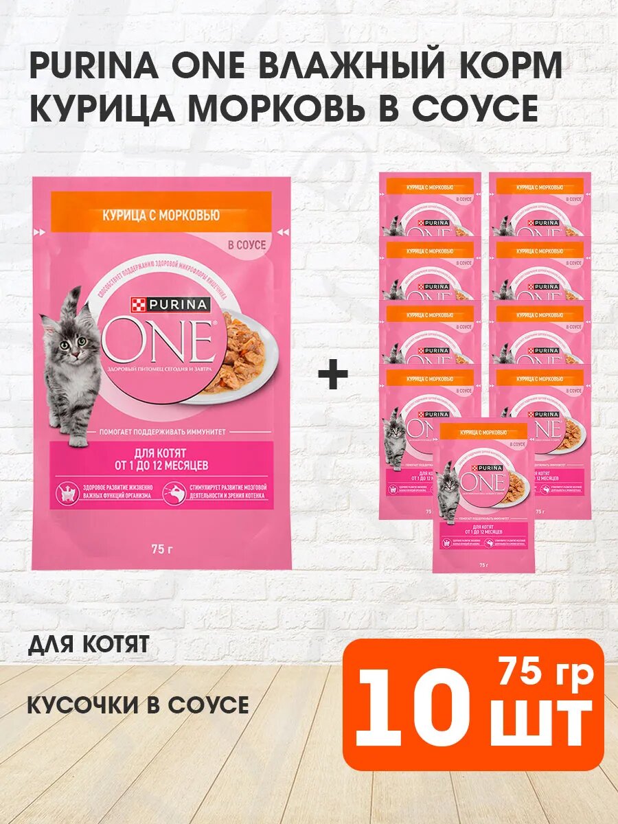 Корм влажный Purina One для котят, курица и морковь в соусе, 75 г х 10 шт
