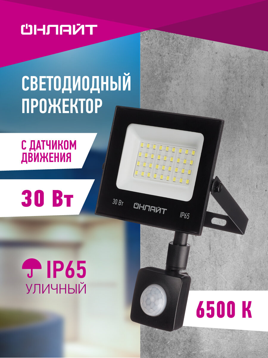 Прожектор светодиодный уличный Онлайт 90 686 30 Вт 6500К с датчиком движения