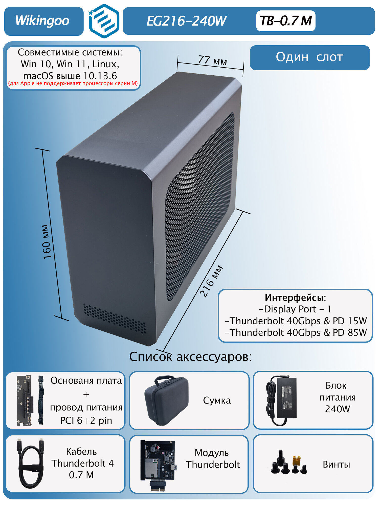 Внешний корпус для видеокарты Wikingoo EG216 - 240W, EGPu. Thunderbolt 3/4.