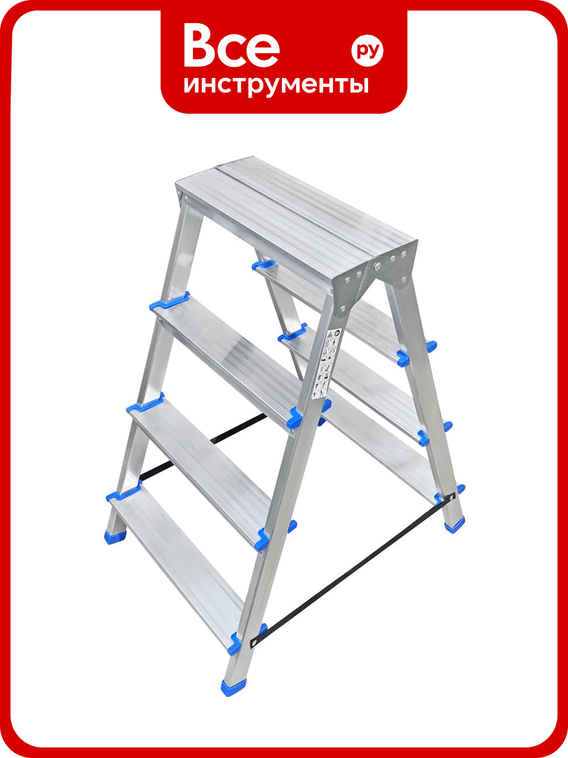 Алюминиевая двухсторонняя стремянка LadderBel 4 ступени STR2-AL-4, прочная алюминиевая конструкция