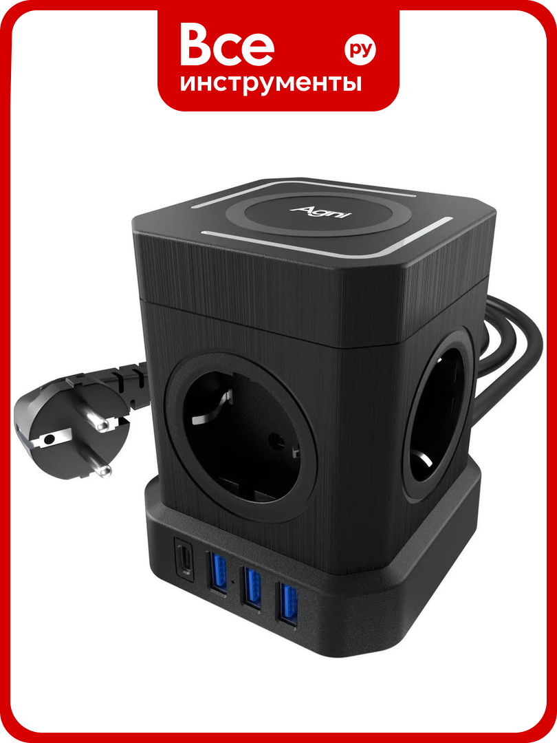 Сетевой фильтр AGNI башня, 5 розеток, 3 метра, 3 USB + 1 Type-C 20 Вт, чёрный TP-VE4U5E-C-W-3m-black