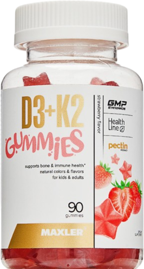 MAXLER Витамины Д3 и К2 в жевательных пастилках "Клубника" D3+K2 Gummies Strawberry Flavor 22ml