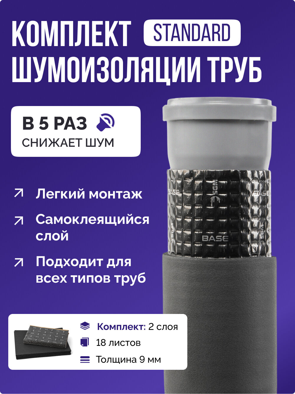 Шумоизоляция для канализационных труб SGM STANDARD. Звукоизоляция воздуховодов вентиляции, для ванной и кухни