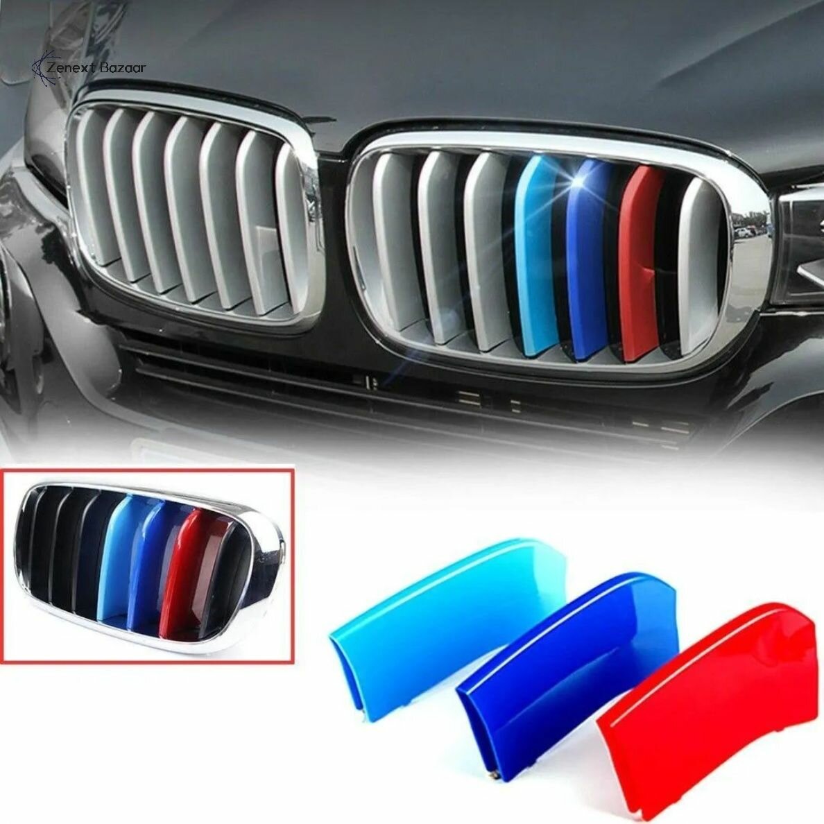 Накладки на решетку радиатора BMW M-style, цветные вставки синий/темно-синий/красный, 3 шт, для 3 Series, для бампера.