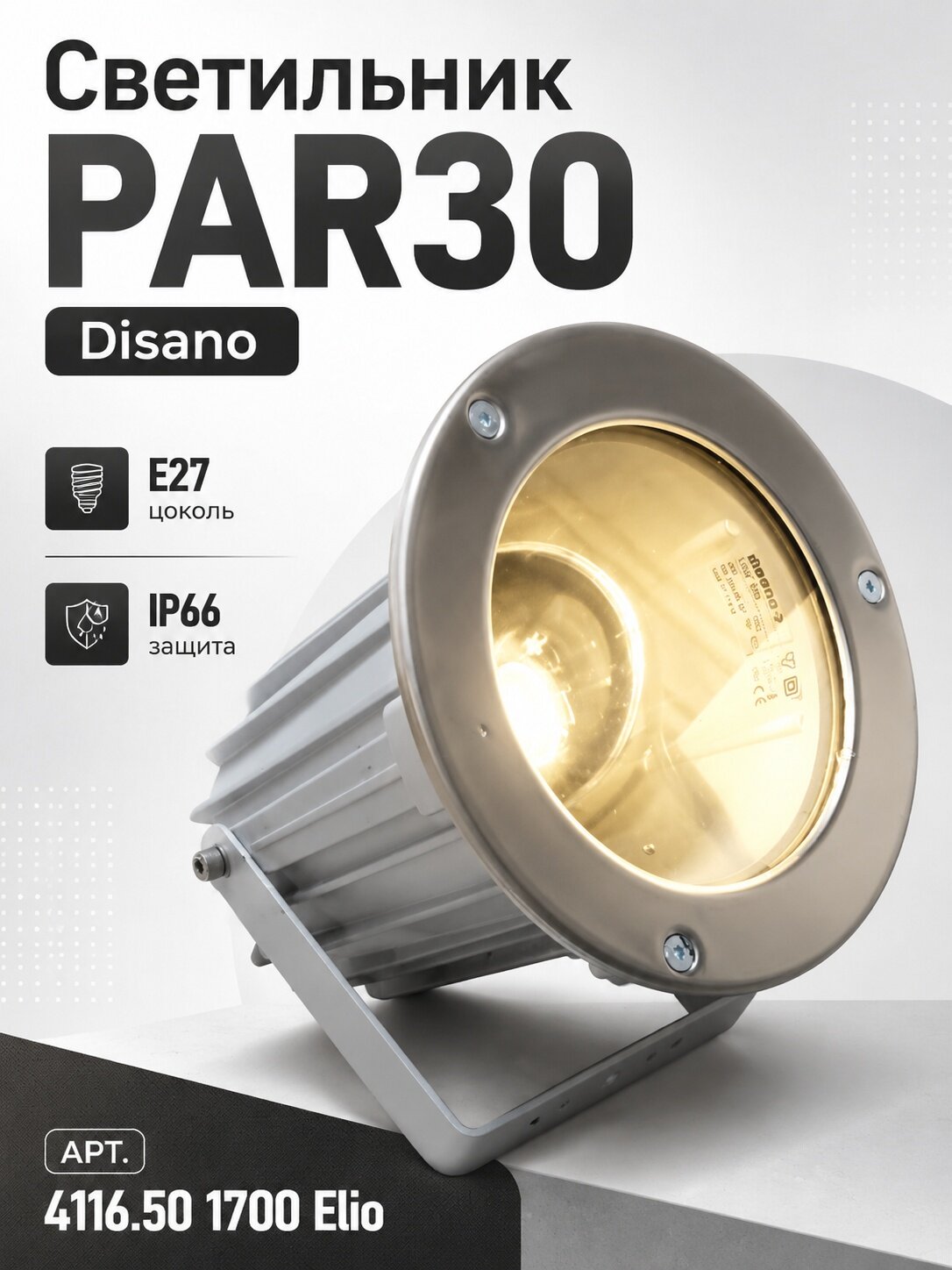 Светильник Disano 4116.50, 1700, Elio, E27, PAR30, IP66, silver