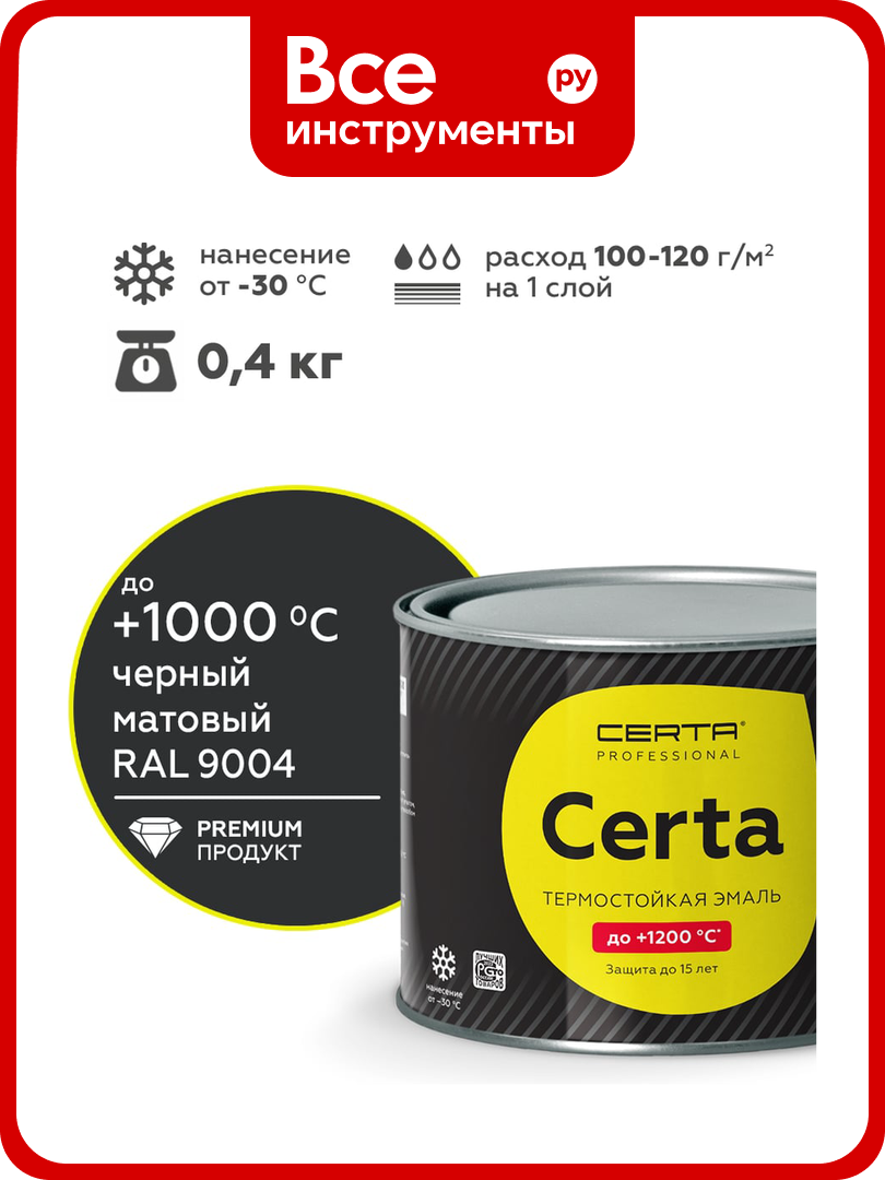 Краска термостойкая Certa антикоррозионная до 1000 С черный матовый RAL 9004 0,4кг CPR00103