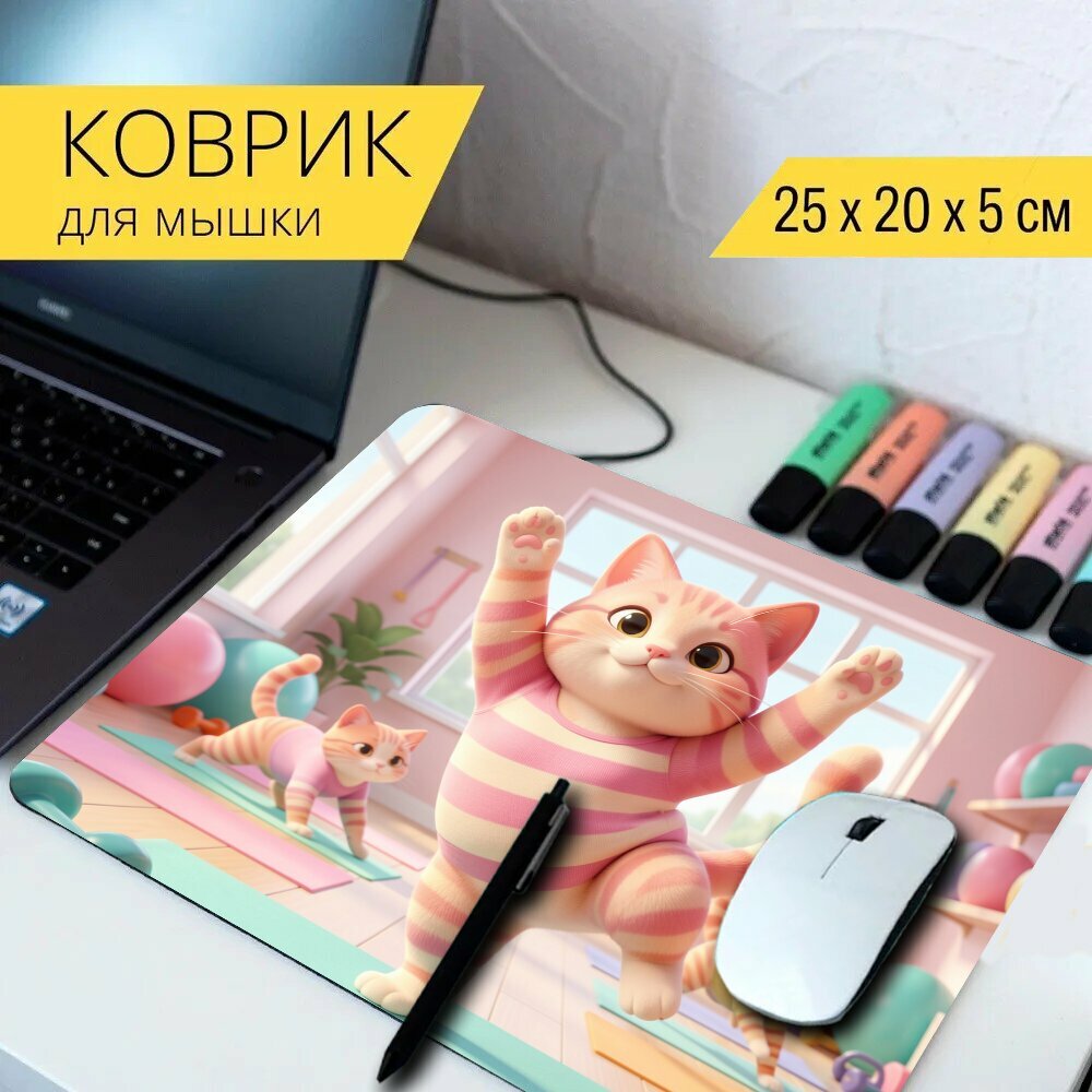 Коврик для мыши с принтом "Котики на йога-тренировке. Милые пушистые питомцы в пастельном фитнес-зале выполняют растяжку на ковриках, с шариками и гантелями, 3D-стиль." 25x20см.