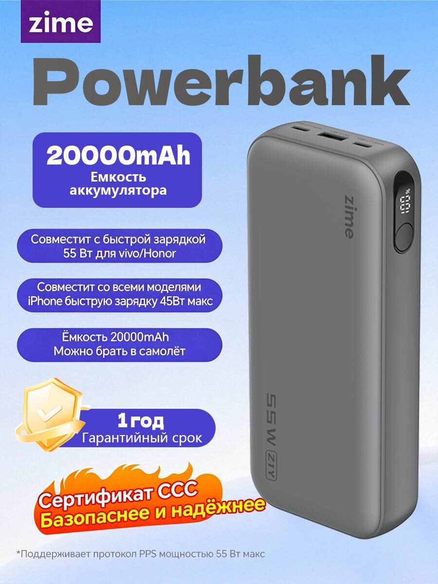 Zime Повербанк 20000 мАч 55 Вт быстрая зарядка, Power Bank пауэрбанк для телефона, внешний аккумулятор с дисплеем