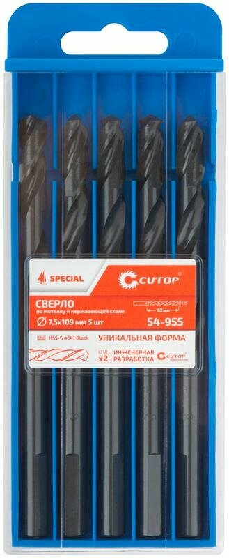 Сверло по металлу специал/Special HSS-G 7.5х109/62мм (уп.5шт) Cutop 54-955