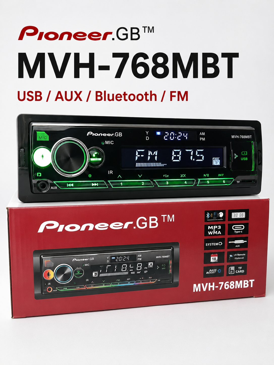 Автомагнитола Pioneer GB 1, 1DIN, с Bluetooth, с пультом, с подсветкой, чёрная