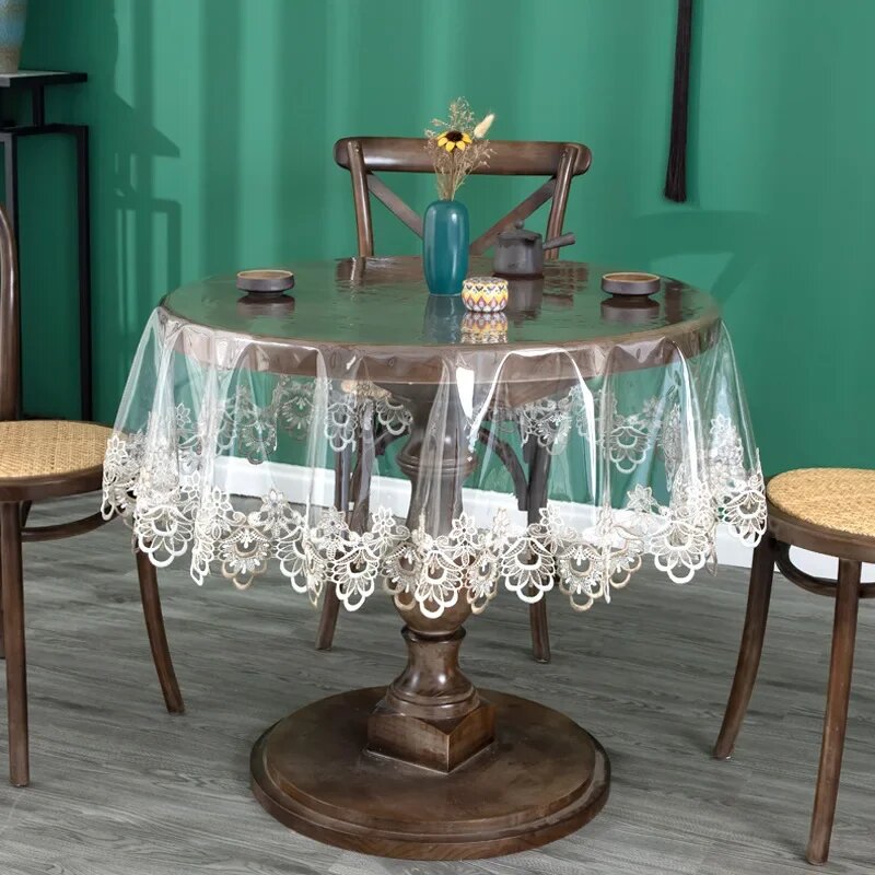 Waterproof Table Cover PVC Transparent Soft Dining Tablecloth Lace Embroidered Coffee Table Crystal Plate Oil-proof Tables Mat