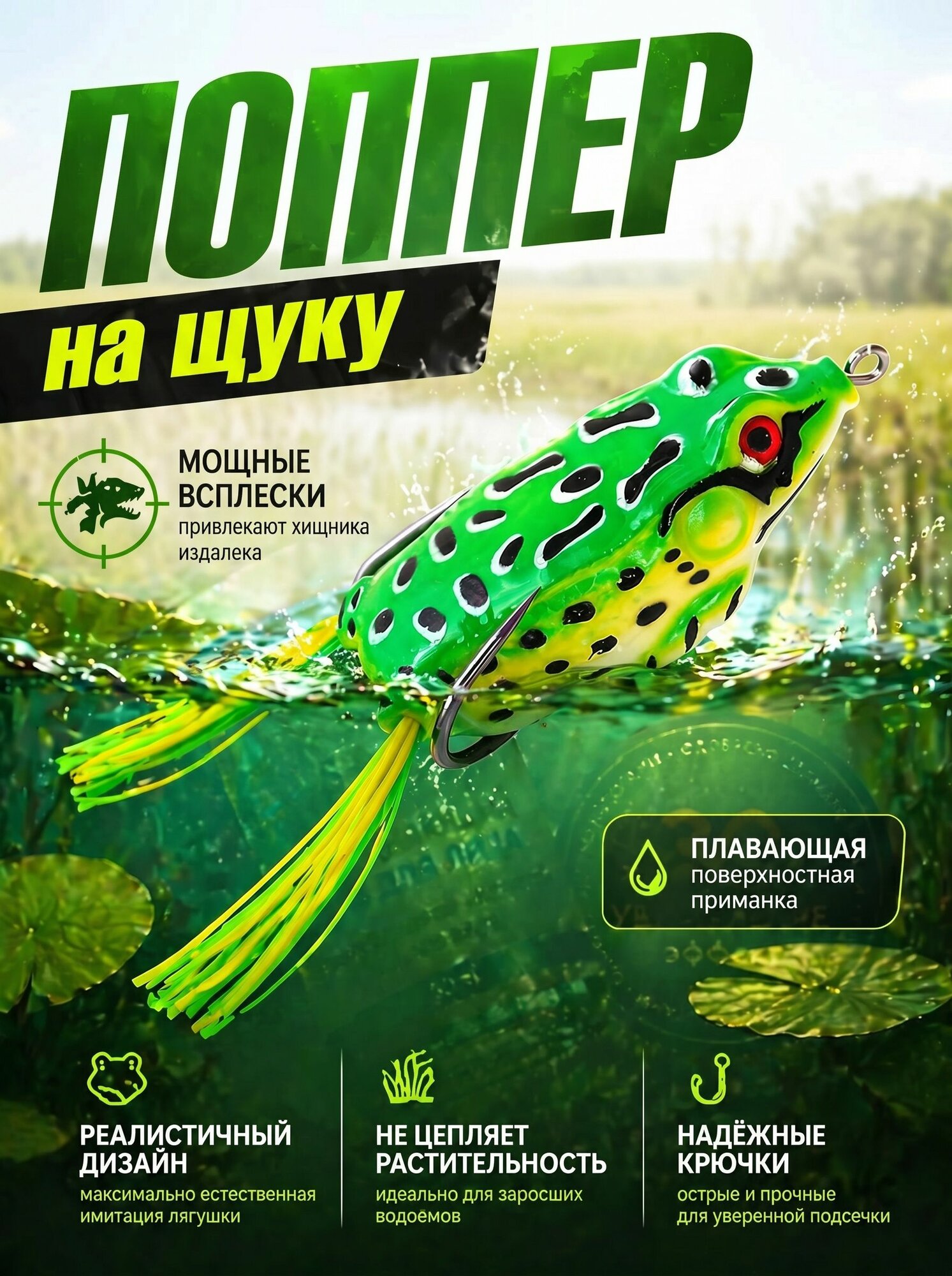 Поппер лягушка незацепляйка силиконовая для рыбалки на щуку зеленая 11х3 см