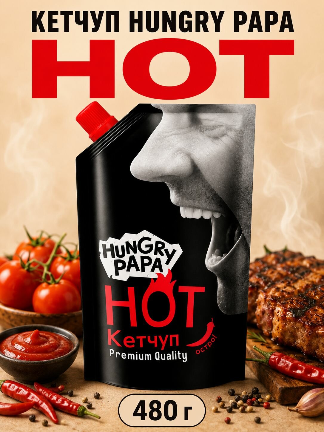 Кетчуп HUNGRY PAPA HOT 480 грамм