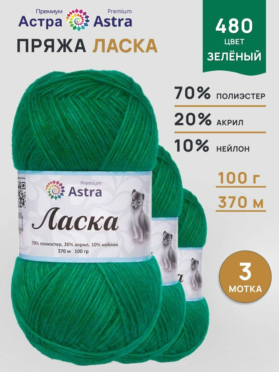 Пряжа для вязания Astra Premium 'Ласка' 100г, 370м (70% полиэстер, 20% акрил, 10% нейлон) (480 зеленый), 3 мотка