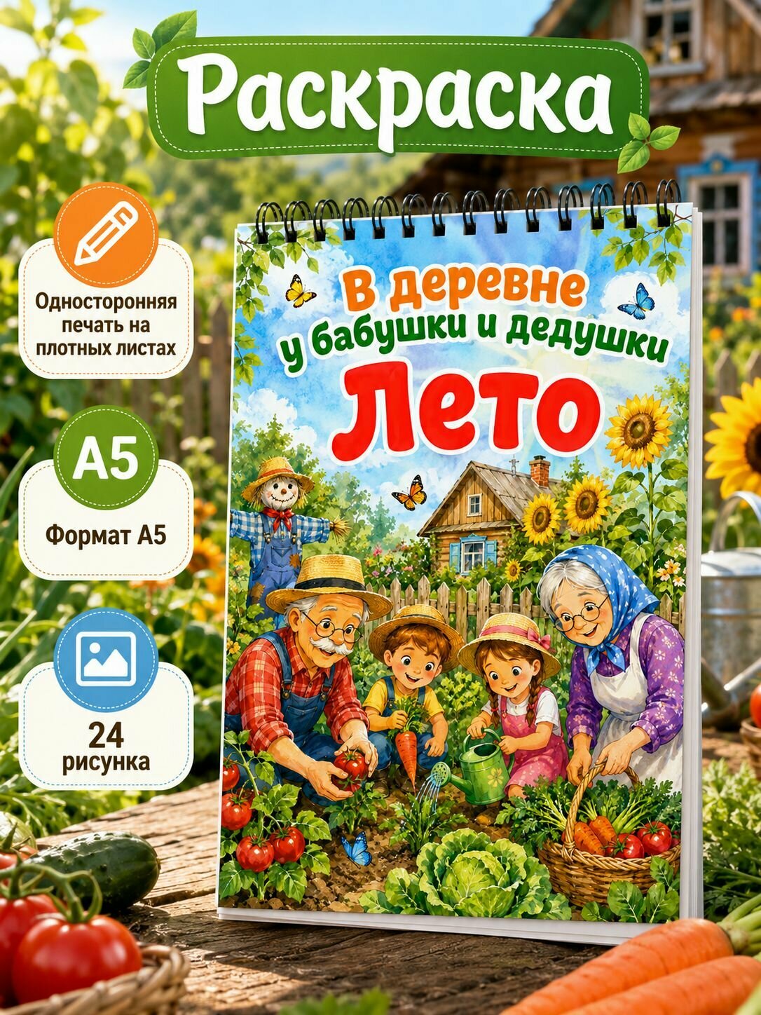 Раскраска для девочек, для мальчиков В деревне у бабушки и дедушки. Лето