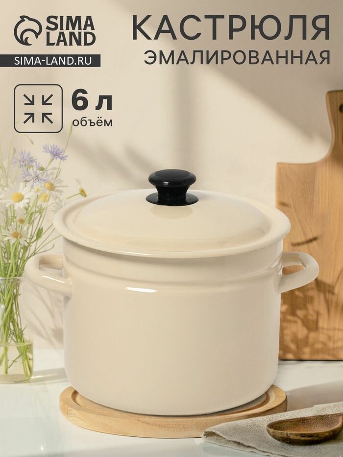 Кастрюля эмалированная, 6 л, d 23.5 см, с крышкой, без декора, цвет слоновой кости