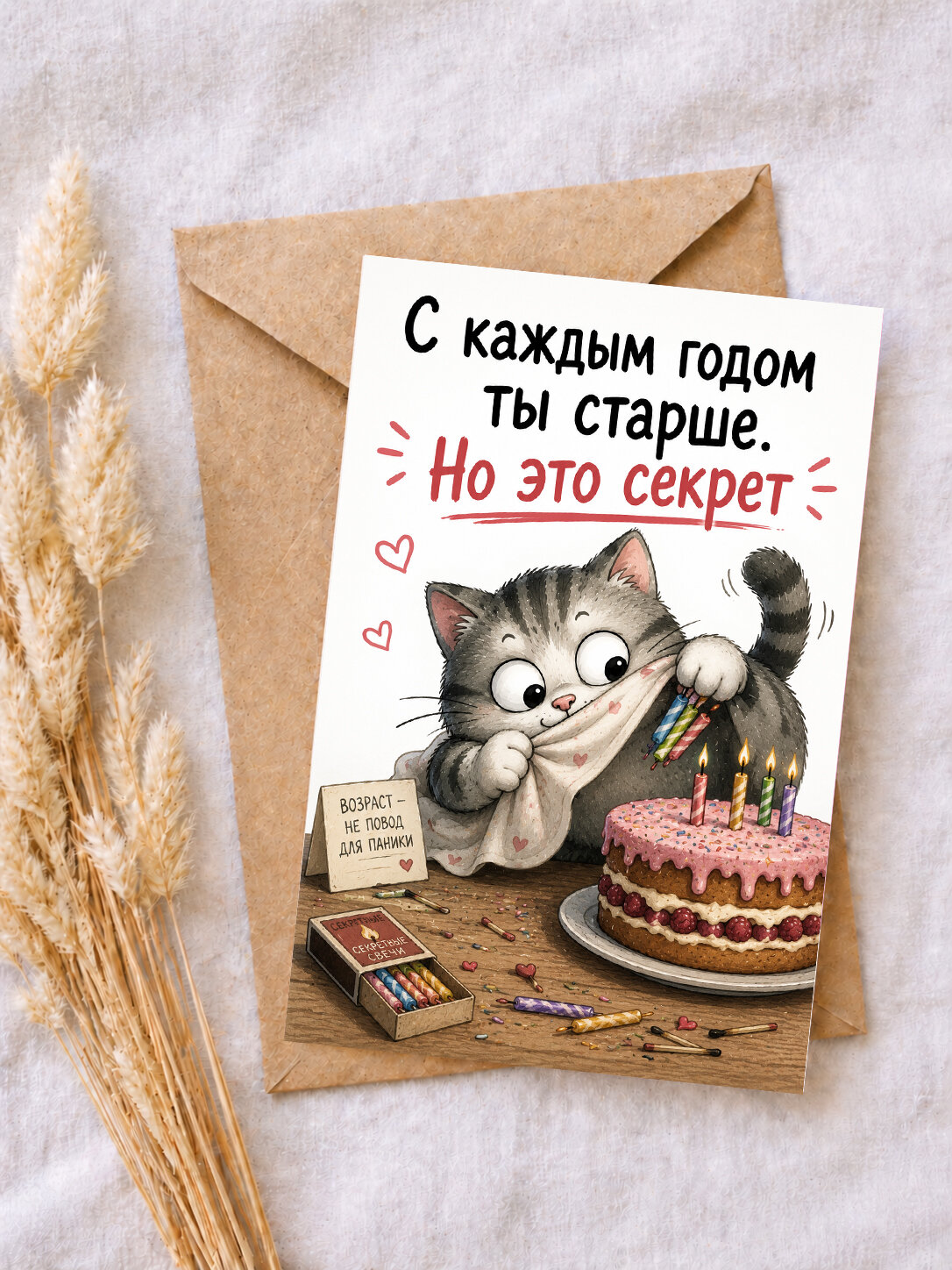 Открытка «С каждым годом ты старше» 10×15 см с конвертом — поздравительная открытка с котиком, подарок на день рождения