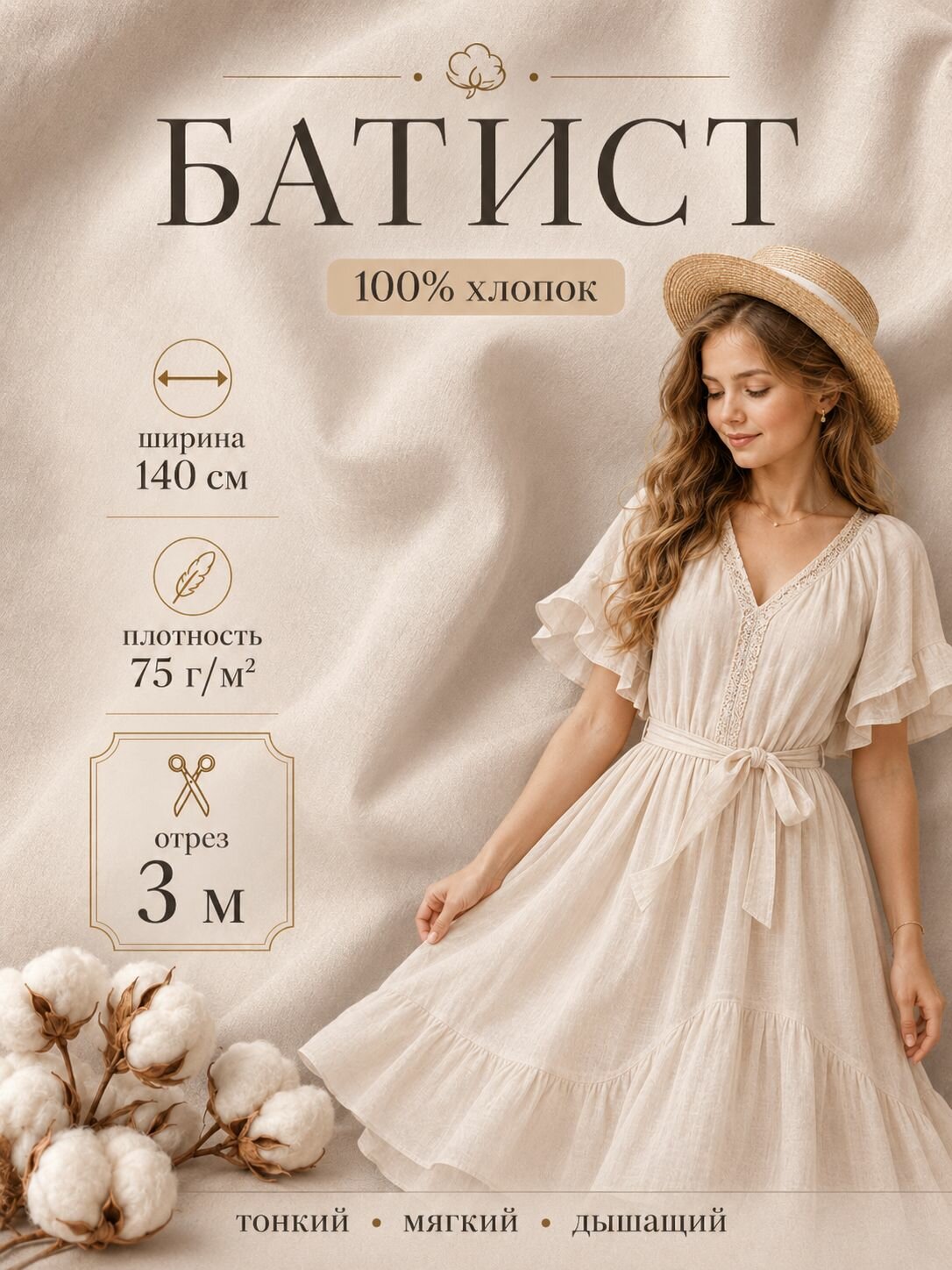 Ткань для шитья хлопок , ширина 140 см, пл. 75 гр/м2, цв.8 бежево-розовый, отрез 3 метра