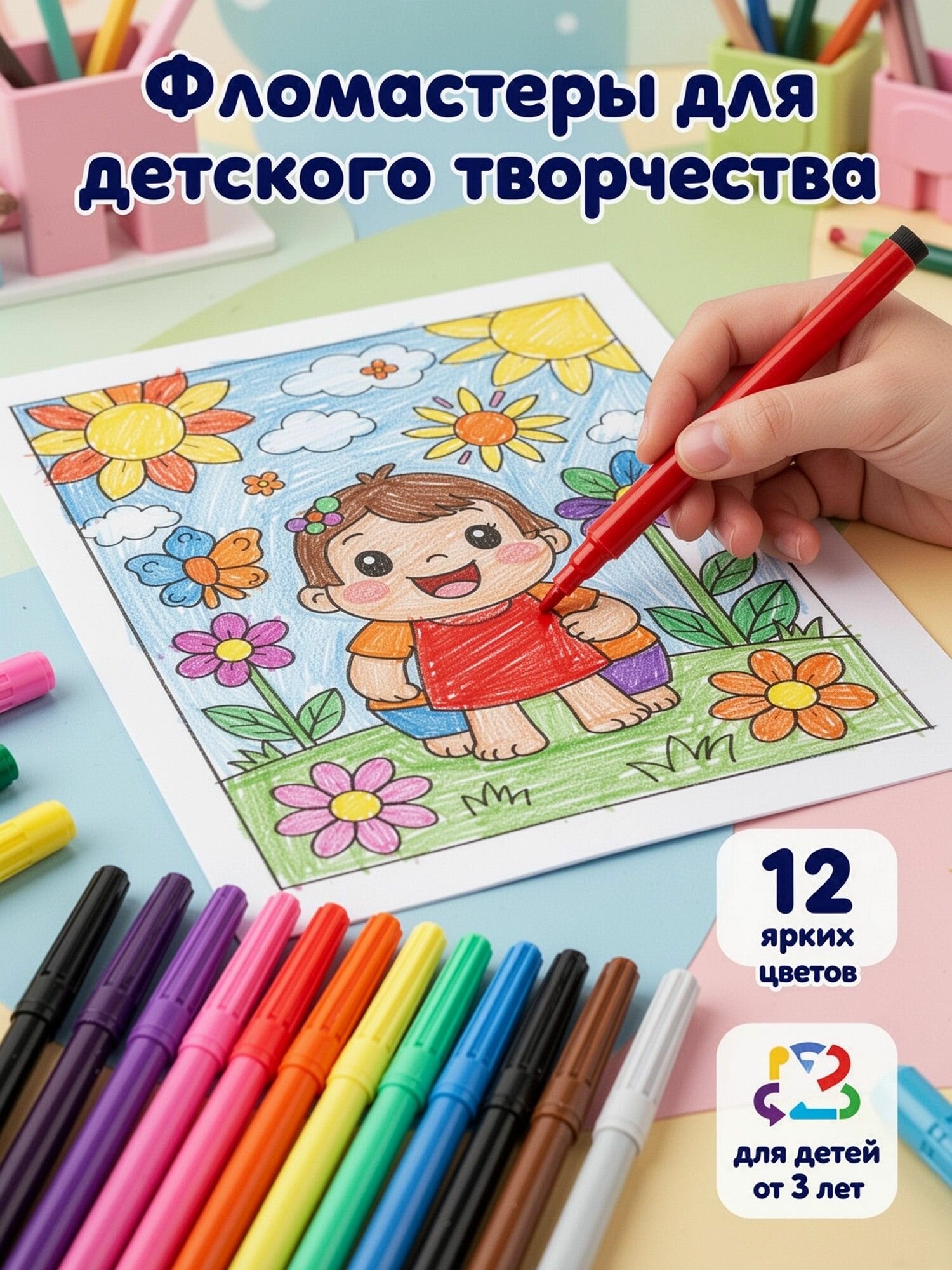 Фломастеры смываемые, 12 штук
