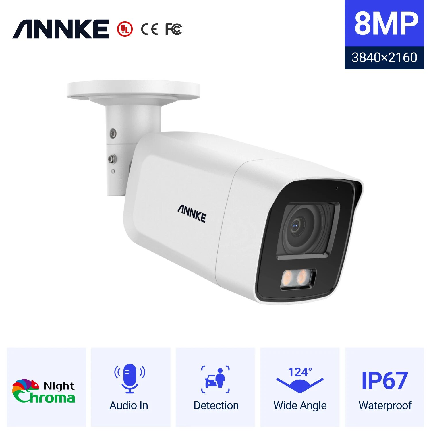 Камера безопасности внешнего использования ANNKE NC800 4K PoE с ночным видением Acme Color, детекцией людей и транспортных средств и встроенным микрофоном IP-камеры