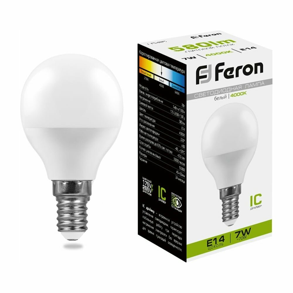 Светодиодная лампа - шарик E14 7W 4000K FERON LB-95 25479