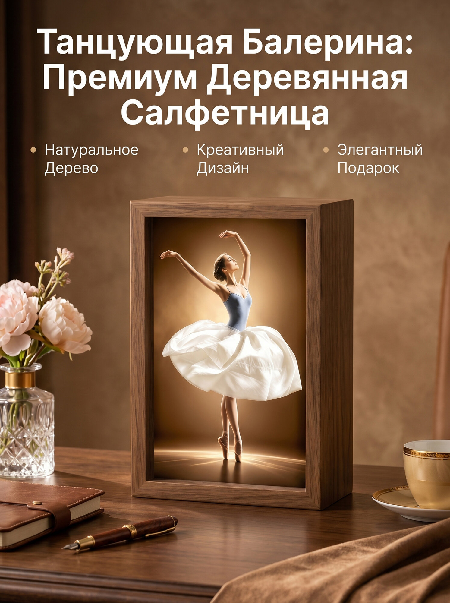 Деревянный бокс для салфеток Балерина, декоративный настольный держатель для салфеток, дизайнерский органайзер для дома, офиса и гостиной