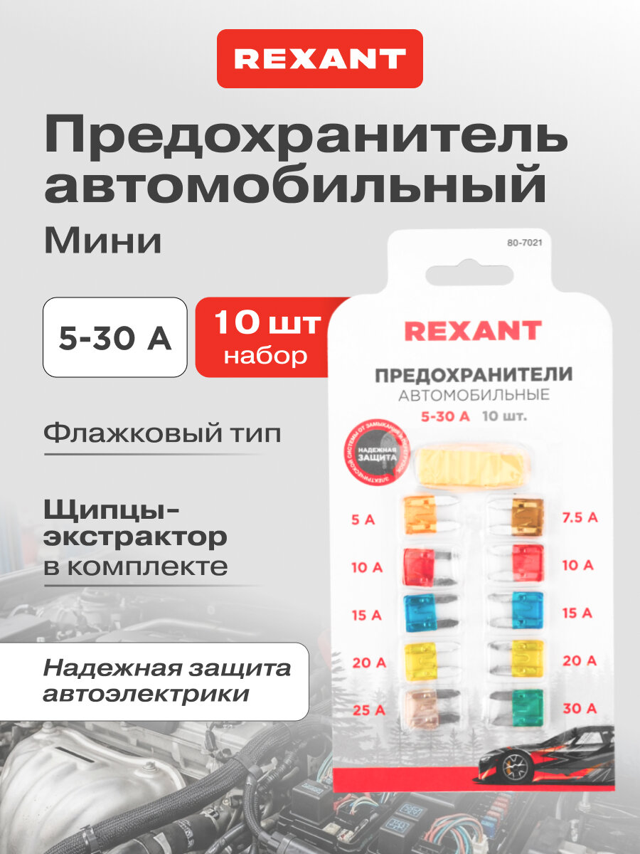 Набор флажковых пластиковых предохранителей мини в блистере REXANT 10 штук в упаковке