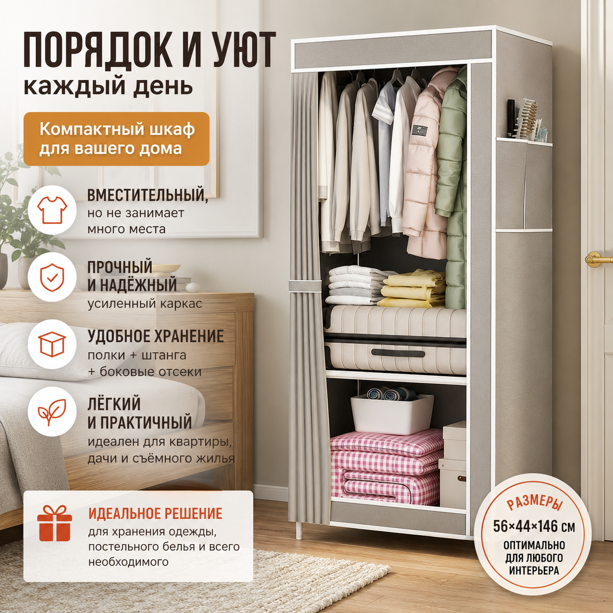 Шкаф-купе тканевый 56х44х146 см для одежды и белья в спальню , Серый