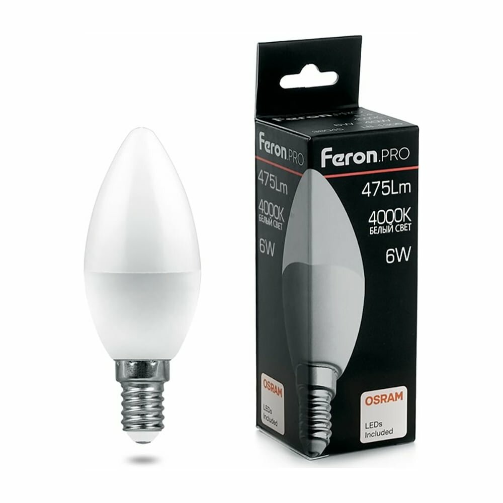 Светодиодная лампа FERON PRO LB-1306 Свеча E14 6W 4000K OSRAM LED 38045