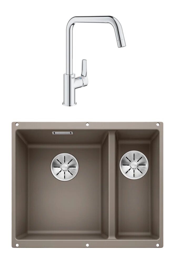 Комплект Мойка Blanco Subline 340/160-U 523556 55x46, серый беж, искусственный гранит / Смеситель Grohe Eurosmart 30567000 глянцевый хром