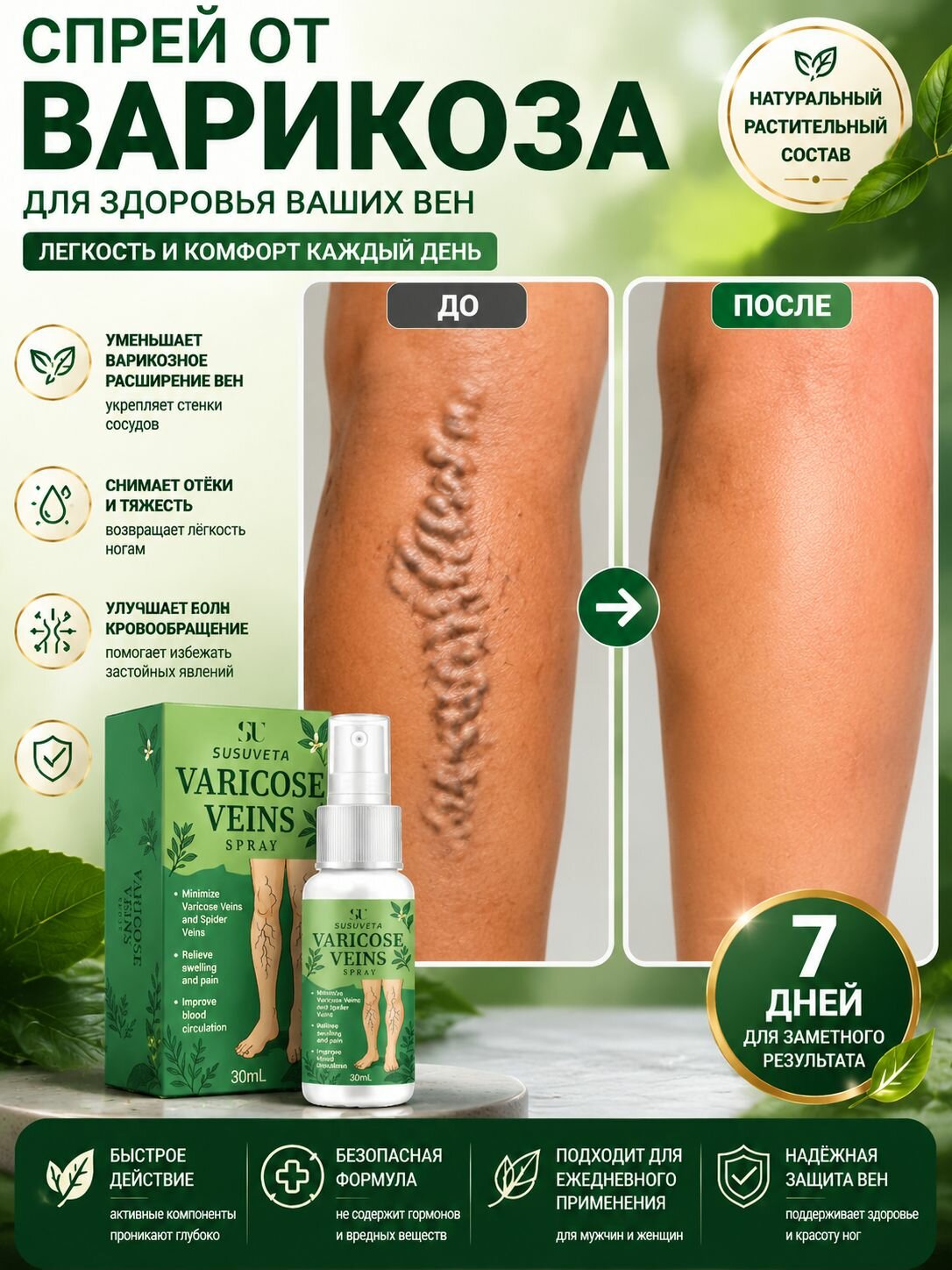 Спрей для ног SUSUVETA, улучшает кровообращение, снимает усталость и отёки, удобный в использовании, 30 мл