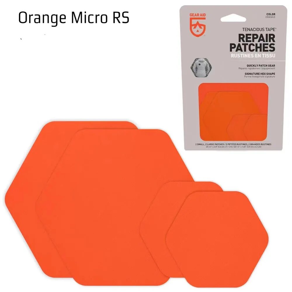 Заплатки из ткани GEAR AID Tenacious Tape, серия Micro RS, шестиугольная форма, оранжевый цвет, комплект из 2 больших и 2 маленьких, водонепроницаемая и устойчивая к истиранию заплатка
