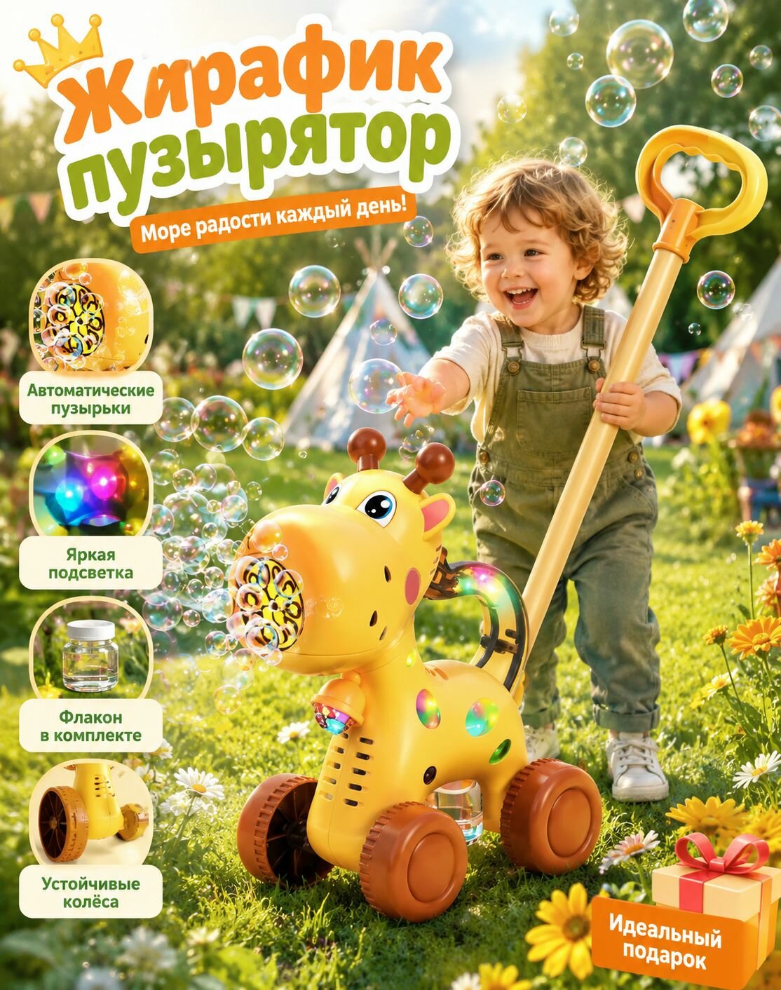 Каталка для малышей с ручкой 2 в 1, электрический генератор мыльных пузырей Олененок со светом
