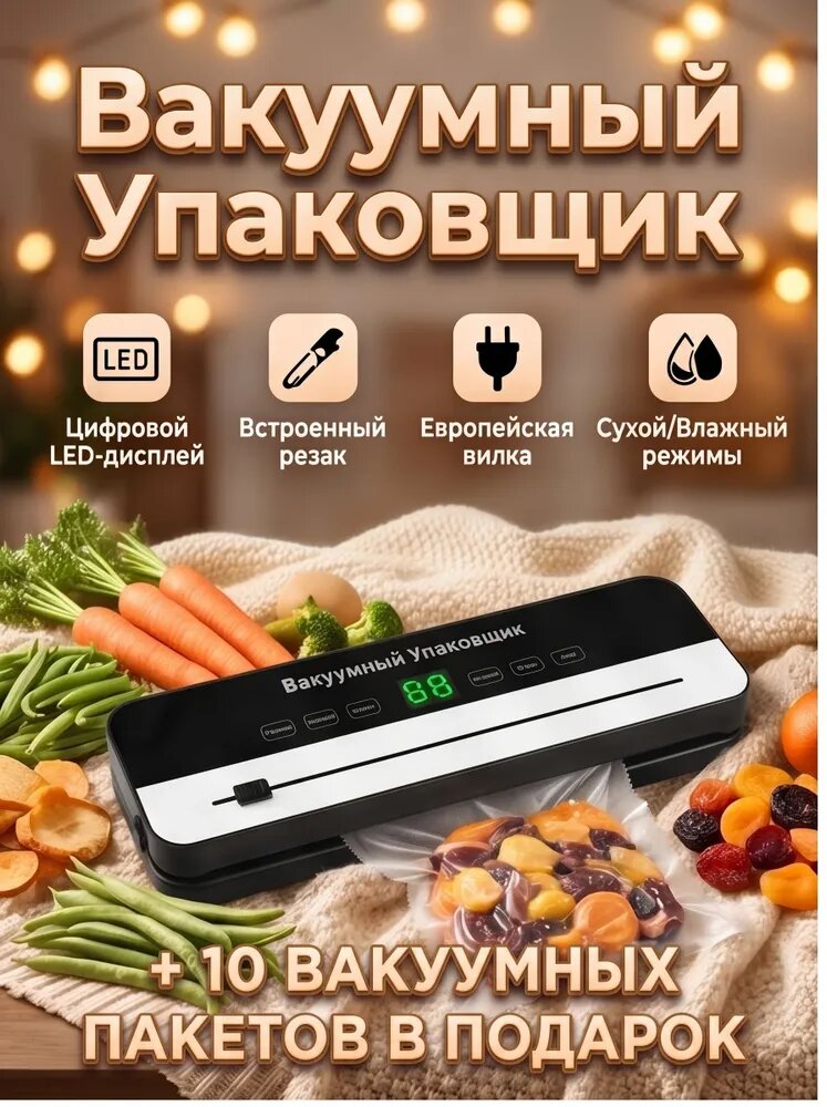 Вакууматор для продуктов с пакетами и резаком / Вакуумный упаковщик для продуктов